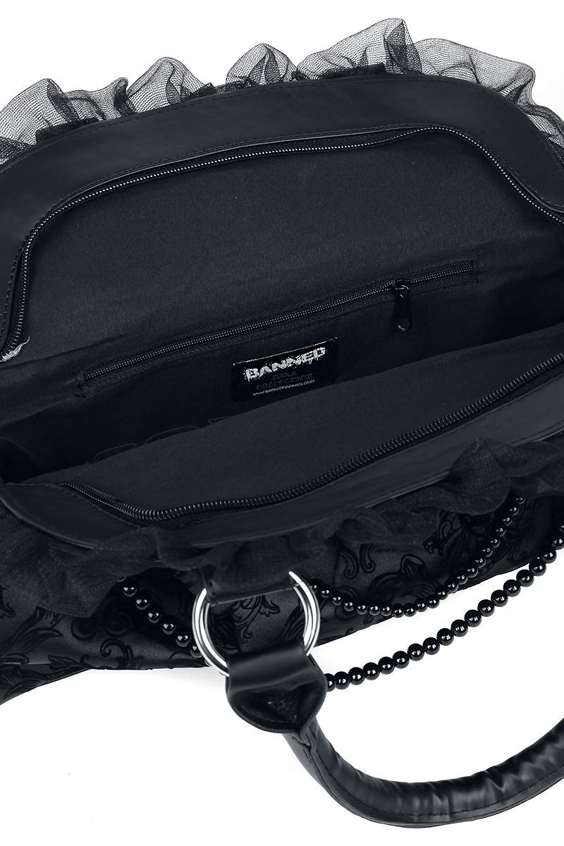 Lost Queen Reinvention Victorian Gothic Handbag Flocked Skulls with Bows and Lace Bag Women's 15" Purse