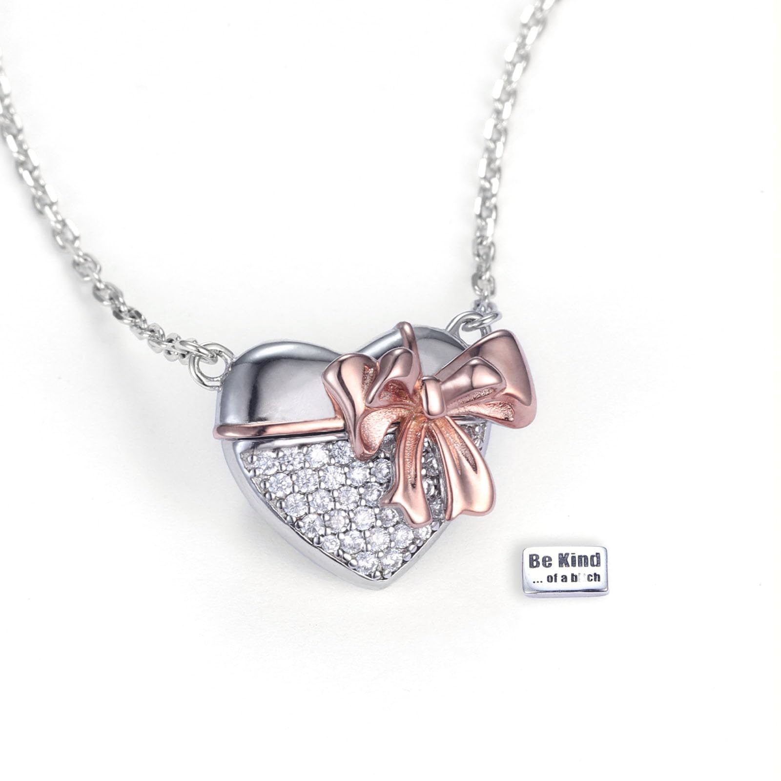 Bolelis 925 Sterling Silver Be Kind of a B Necklace - Heart Sunflower Locket Pendant with Hidden Message, Sorority Sister Jewelry for Confident Women and Couples (Rose Heart)