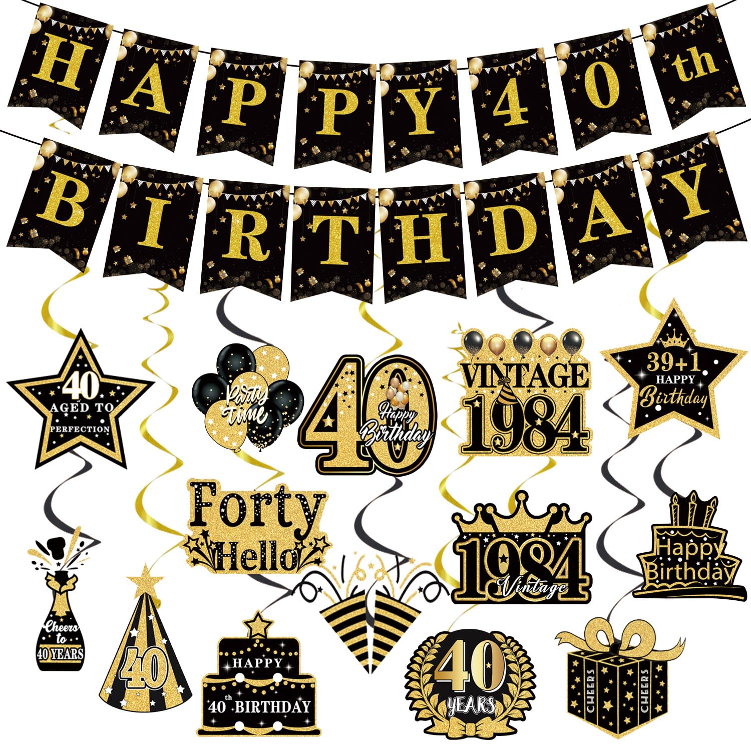 Elomy 40th Birthday Decorations Man - 16PCS Vintage 40th Birthday Party Banner Decorations Woman Black Gold Happy Hanging Swirls Decorations Supplies Cheers to Forty-Year-Old Birthday Party Men
