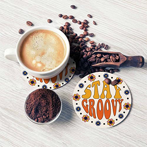 Pznen Stay Groovy Coasters for Drinks Office Coffee Table Seventies Retro Hippie Flowers Wreath in Circle Daisies Floral Living Room Decor Set of 2 for Cold Drinks Wine Mugs and Cups 4 Inch