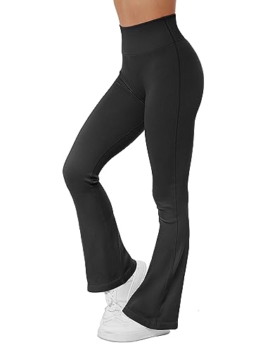 MOSHENGQI Women Ribbed Flare Leggings Seamless High Waist Bootcut Yoga Pants(M,007-Black)
