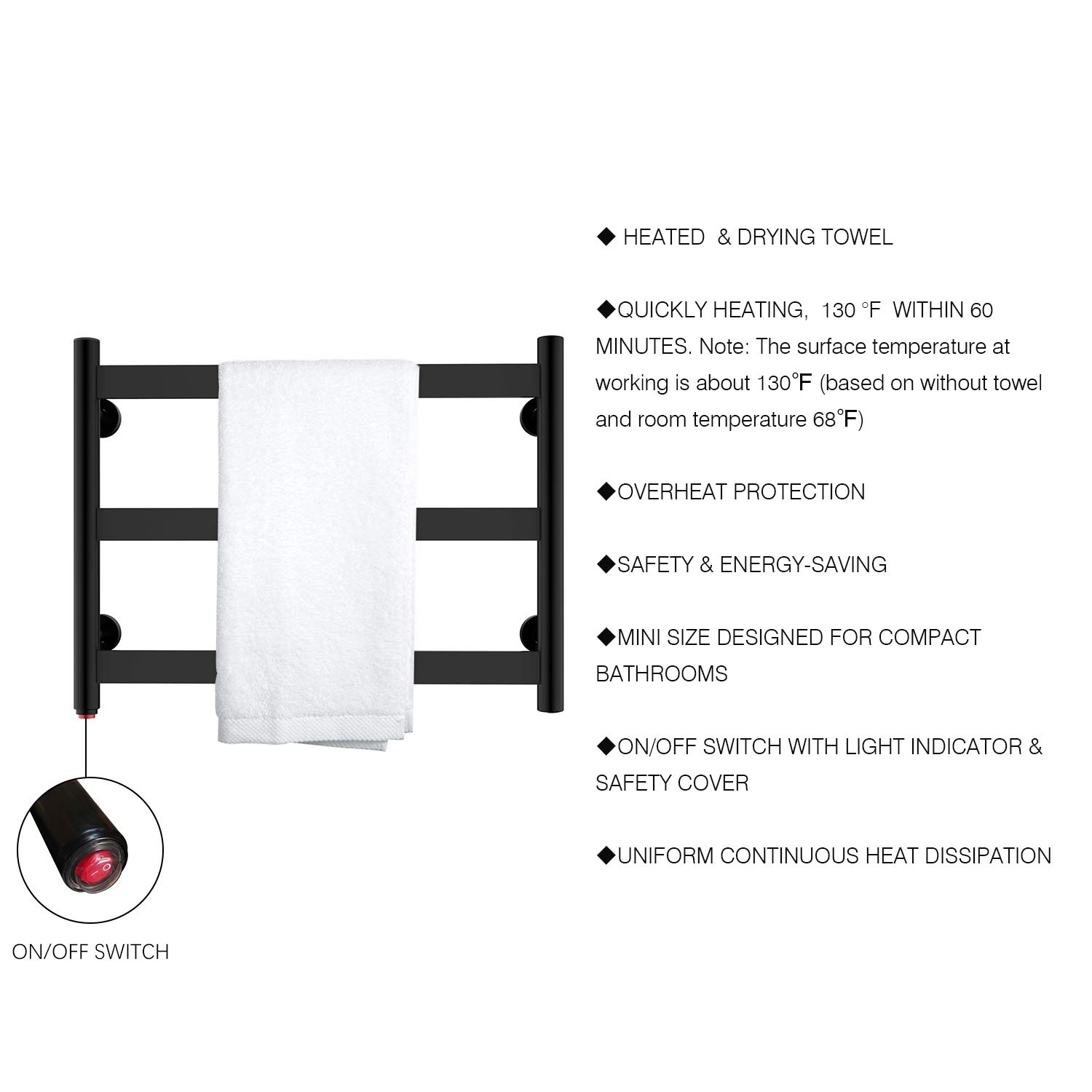 HEATGENE Towel Warmer 3 Flat Bar Towel Dryer Wall-Mounted Plug-in Bath Towel Heater - Matte Black