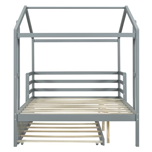 Full Size House Bed with Trundle, Full Bed with Trundle Wood Full Bed Frame with Fence, Writing Board, Montessori Bed Frame with Trundle Bed Full kids Bed Frame for Kids, No Box Spring Need, Grey