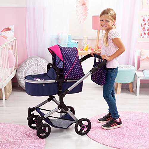 Bayer Design Baby Doll City Vario Pram, Blue Pink with Hearts Unicorn