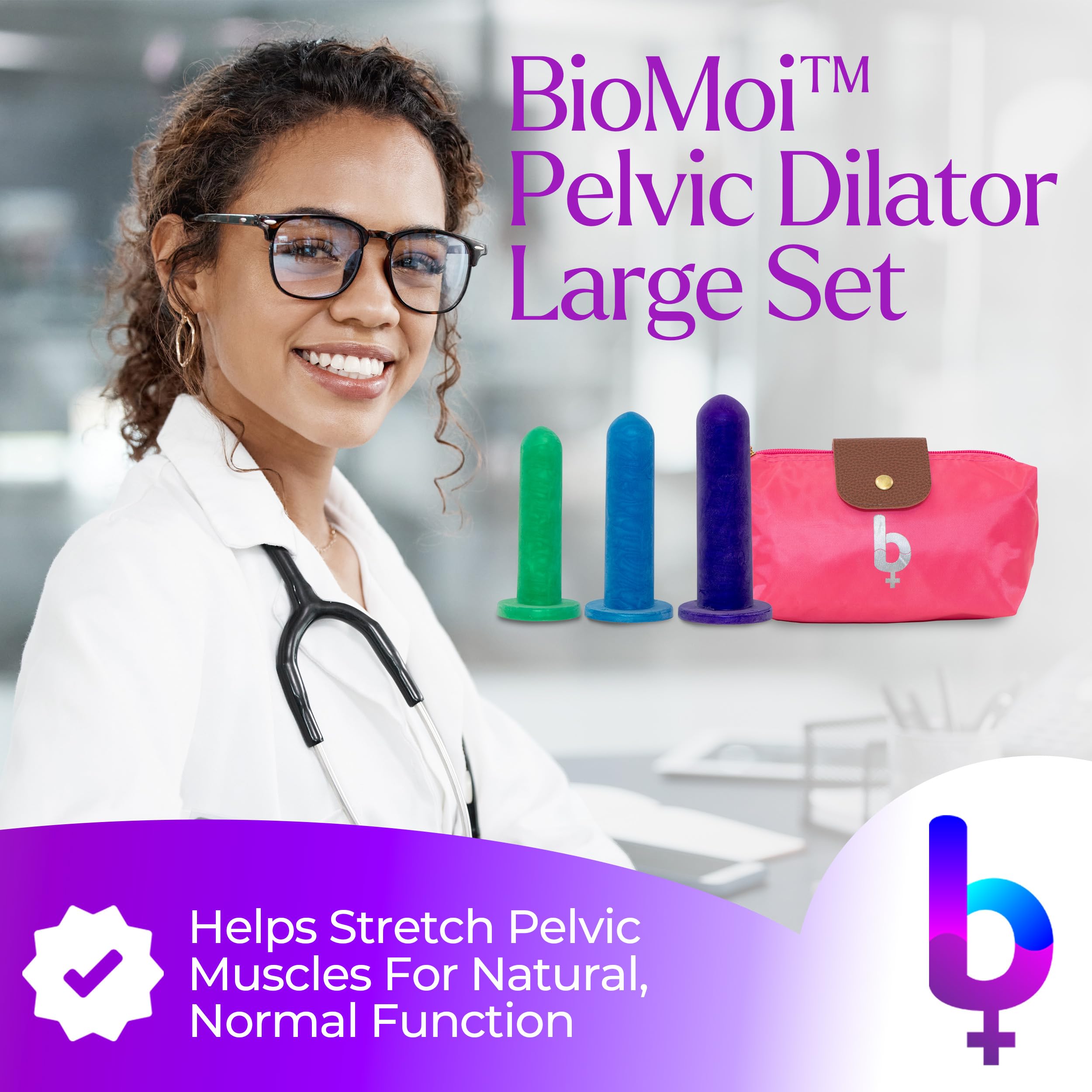 BioMoi Silicone Pelvic Dilator Kit | Pelvic Equipment for Stretching | Comfortable Pelvic Floor Muscle Trainer | BioCote Protected | with Bag | Large Set | (Pack of 3)