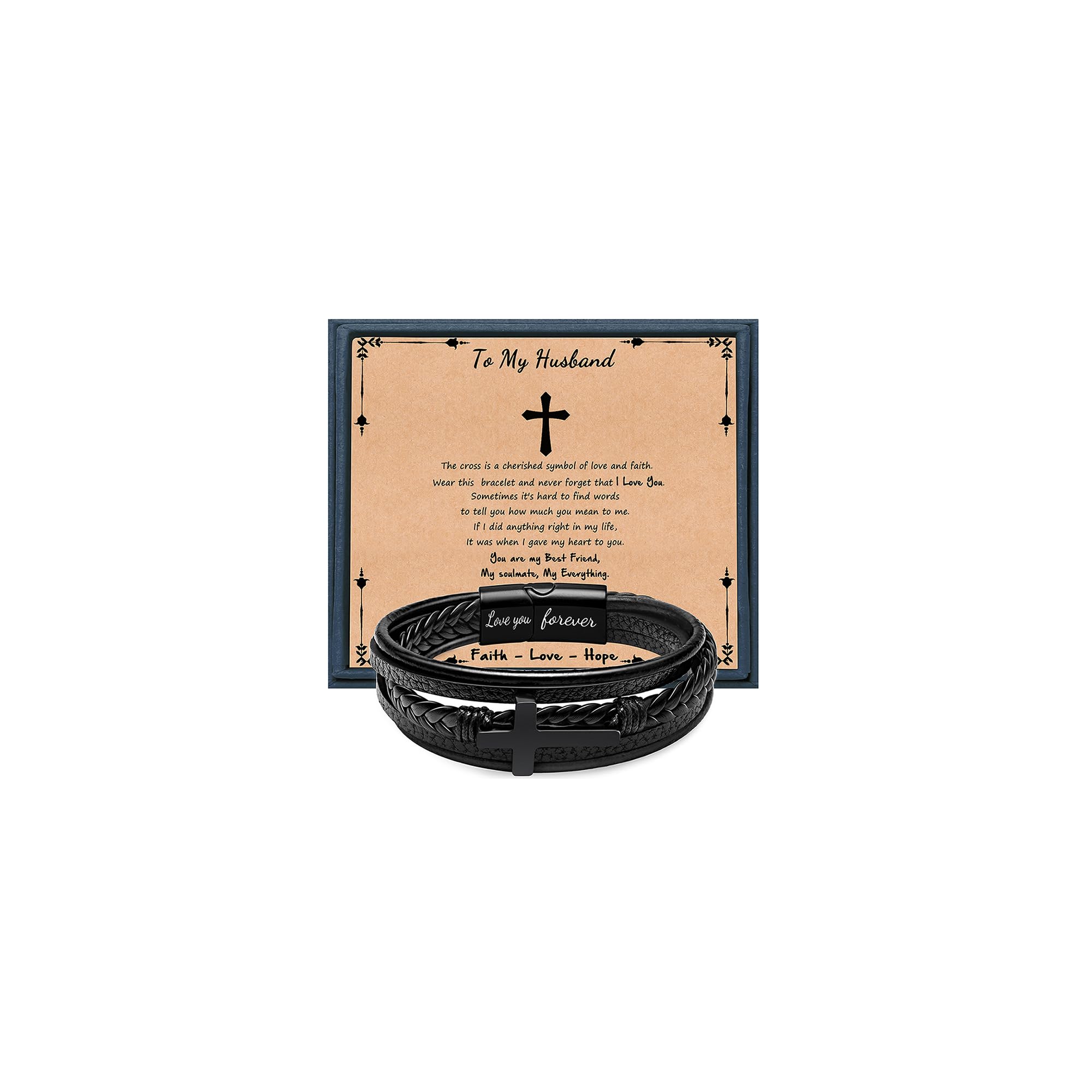 Bracelet for Husband Multi-layer Braided Leather Cuff Bangle Bracelet Wristband Gifts from Wife Handmade Cross Wrist Band Cuff Bangle Bracelet for Him Anniversary Birthday Christmas Gifts for Men 8.5 Inches