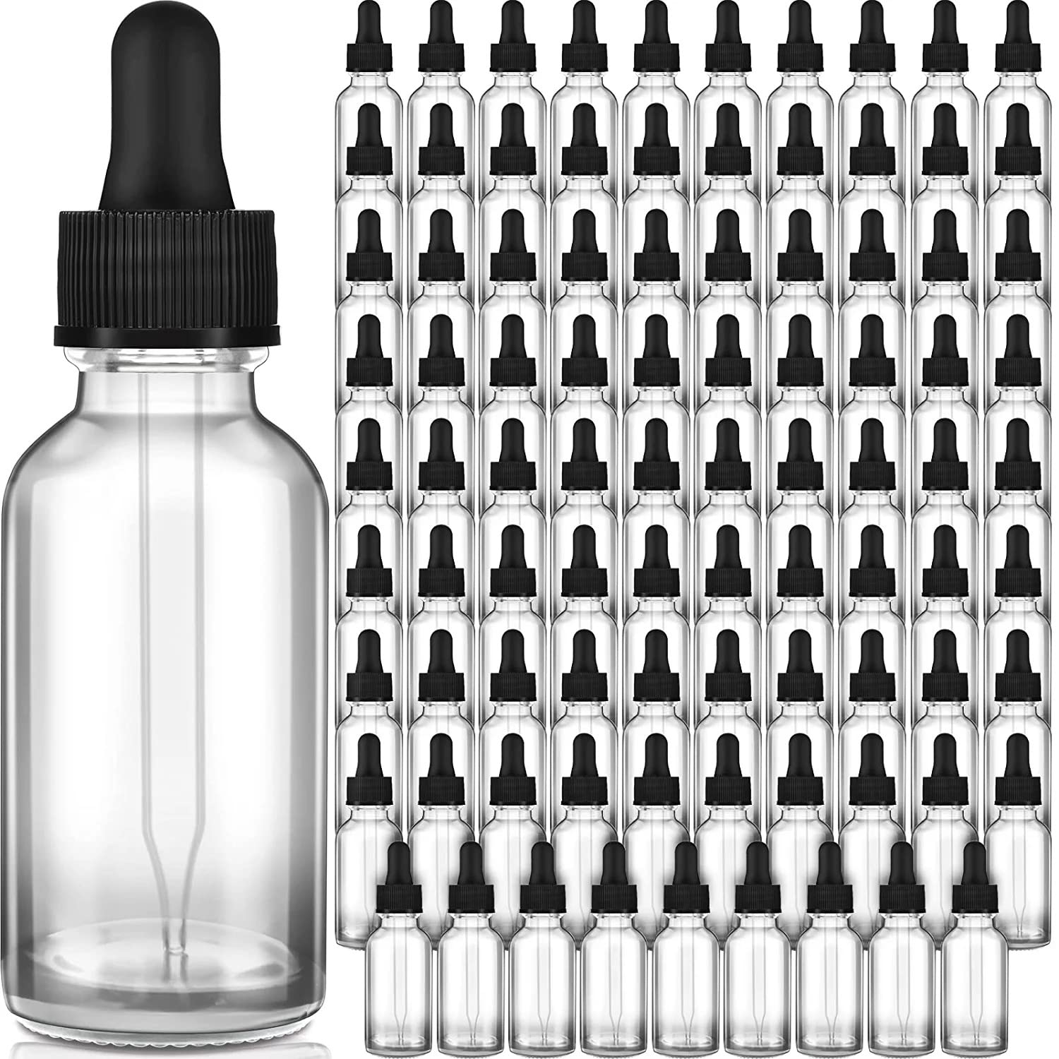 BOSTON ROUND GLASS BOTTLES WITH GLASS DROPPERS | 1oz (30ml) | Clear| Pack of 100