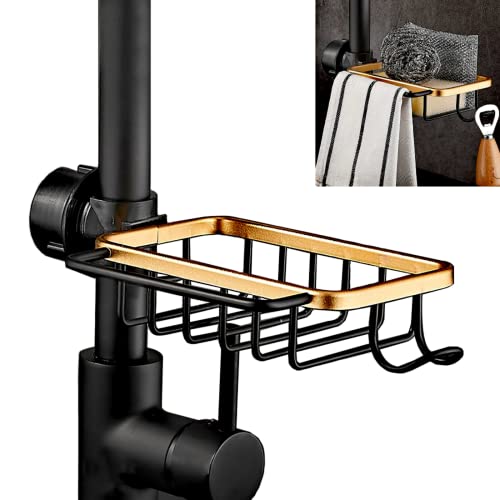 Kitchen Sink Rack Faucet Sponge Holder Over The Sink Organizer Faucet Rack with Hook,A Free Dishcloth Note:Round Pipe with Diameter 0.7-1.1 Inchs Can Be Used(Aluminum,Single Right Blackgolden)