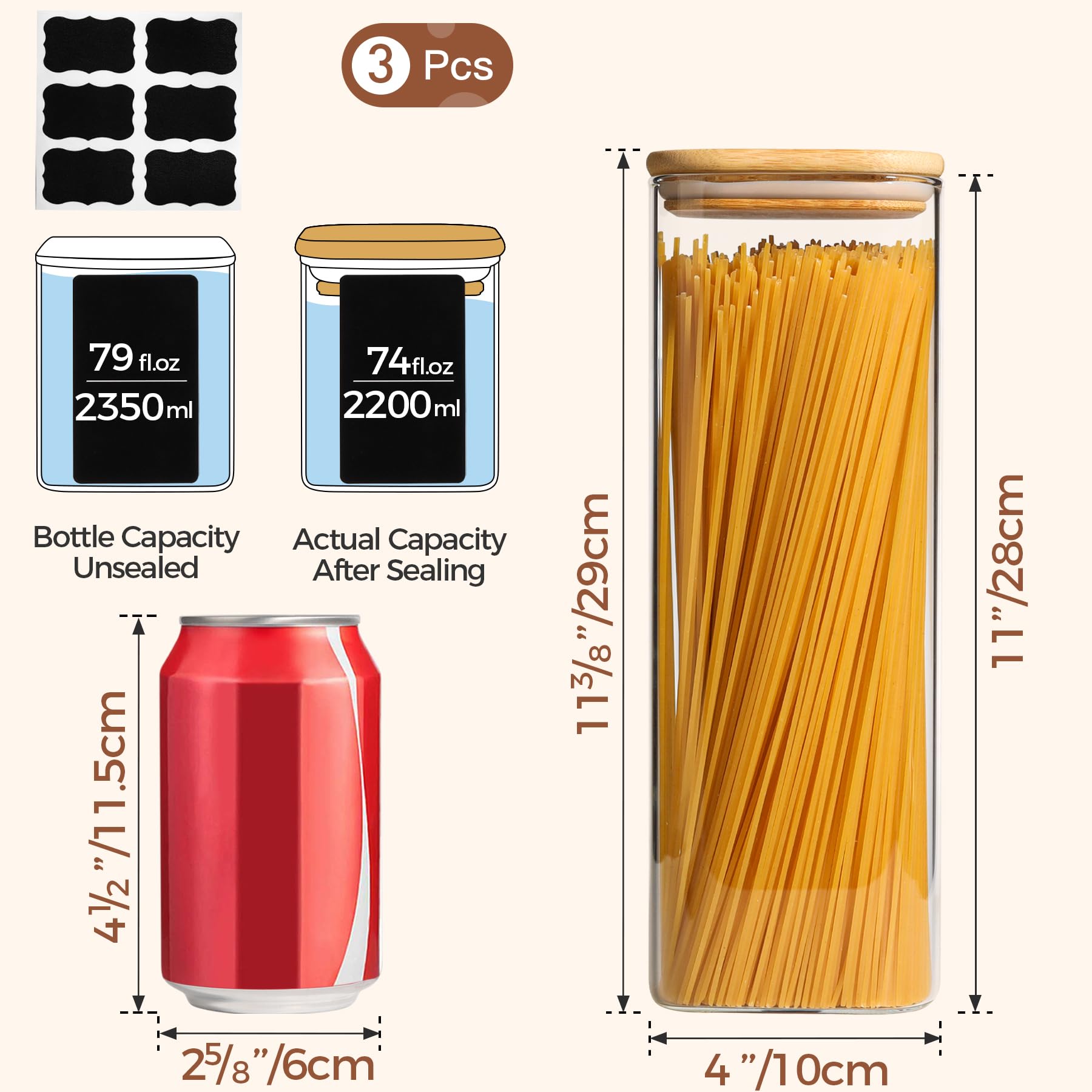 ComSaf Glass Spaghetti Pasta Storage Containers with Lids 74oz Set of 3, Tall Clear Airtight Food Storage Jar with Bamboo Lid for Noodles Flour Cereal Sugar Beans, Sqaure Spaghetti Pantry Container