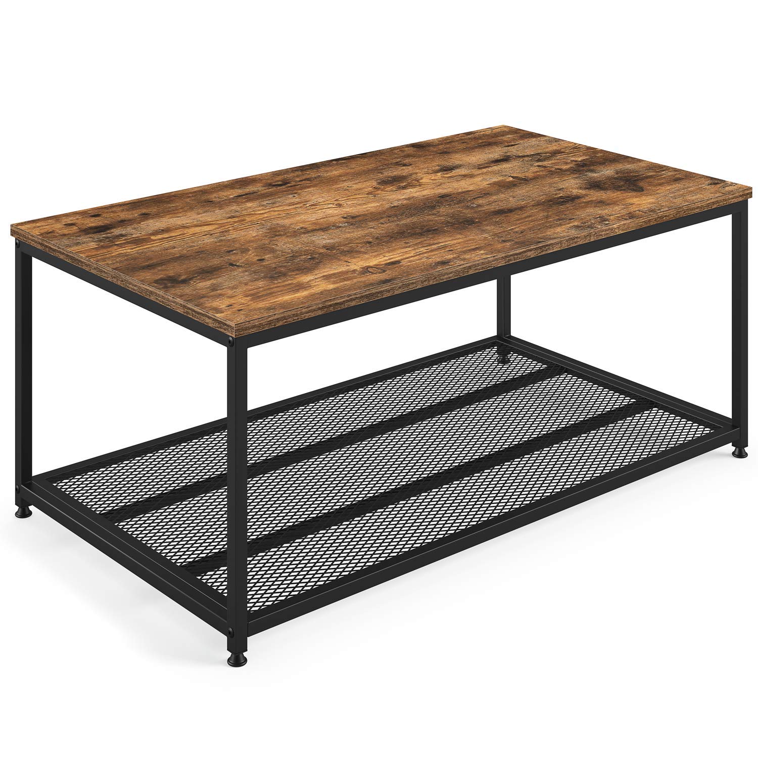 Ballucci Modern Coffee Table with Storage Shelf, Large 2-Tier 41.75" Living Room Center Table with Metal Frame and Wood Accent Furniture - Rustic Brown