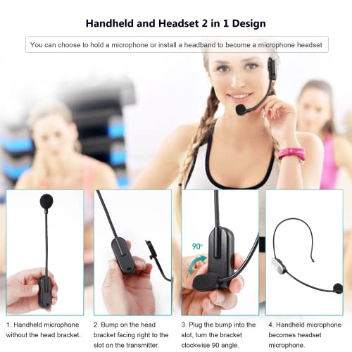 Bietrun UHF Wireless Microphone Headset, 165ft Range, Working Time 6H, 1/4''Plug, Wireless Headset Mic &Handheld Mic 2 in 1, for Karaoke Speaker, Amplifier, Mic Speakers, PA System, Teaching, Fitness