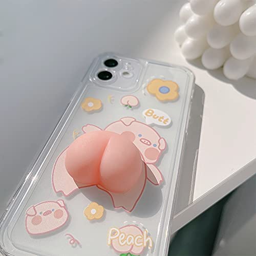 BONTOUJOUR Phone Case for iPhone 11, Funny Novelty Waving 3D Squeezable Peach Butt Piggy Pattern Lovely Pig Case Transparent Soft TPU Silicone Rubber Case Help Relax