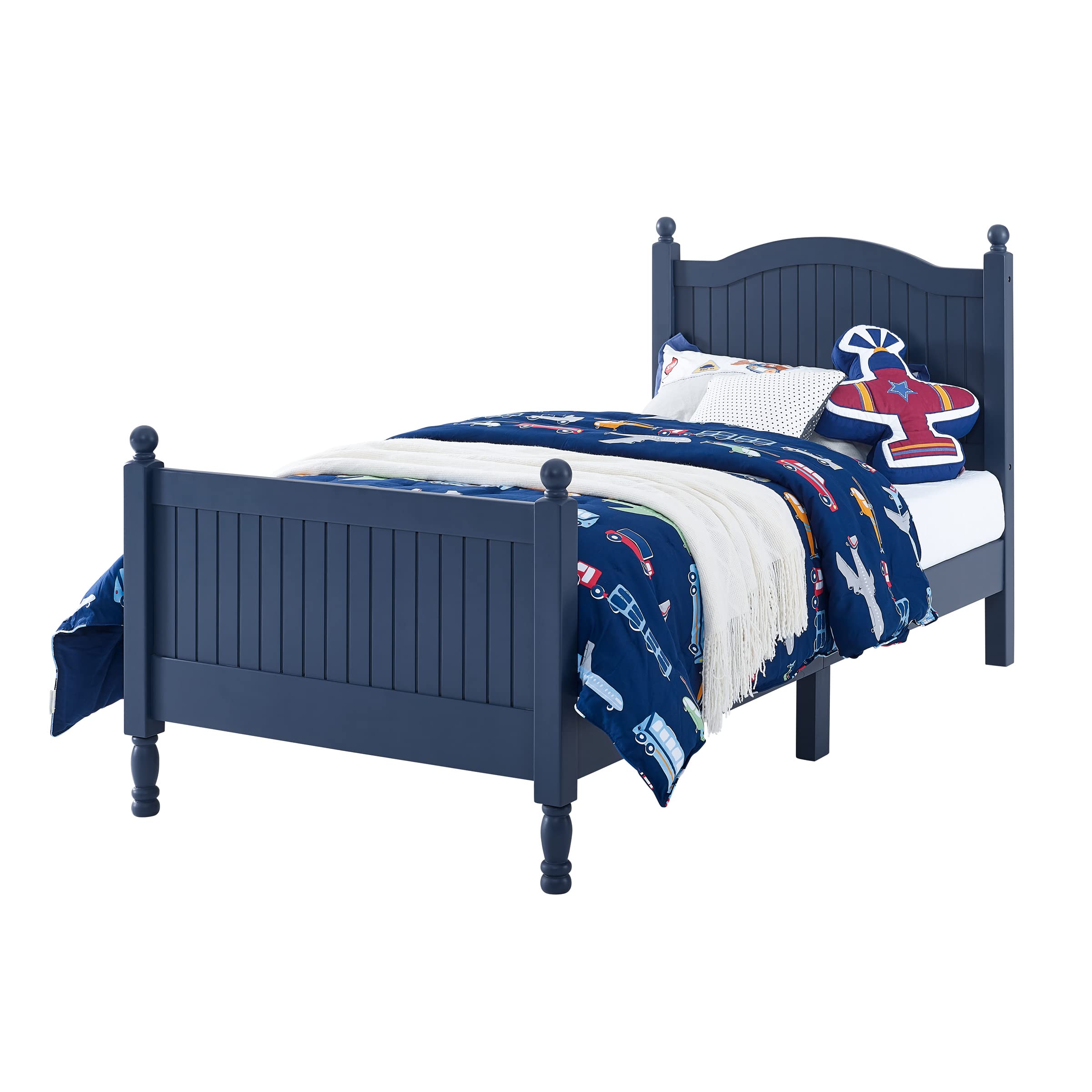 MUSEHOMEINC Wooden Twin Bed Frame with Headboard & Footboard Designed with Classic Ball finials, Beadboard Paneling and Lathe-Turned feet,No Box Spring Needed (Blue)