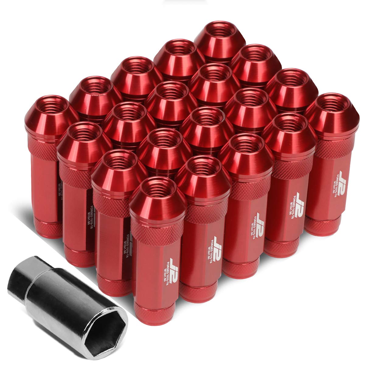 J2 Engineering LN-T7-026-15-RD 7075 Aluminum M12 x 1.5 25mm OD / 70mm 20x Lug Nut + 1x Key, Red