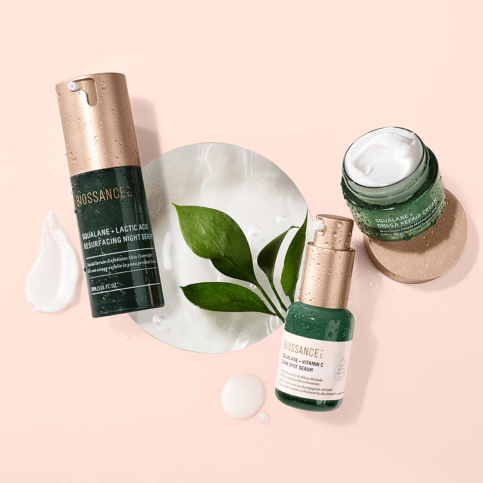 BIOSSANCE Bright Future Set. Full Size Squalane + Lactic Acid Resurfacing Night Serum (1 oz) with Vitamin C Dark Spot Serum (.5 oz) and Omega Repair Cream (.5 oz)