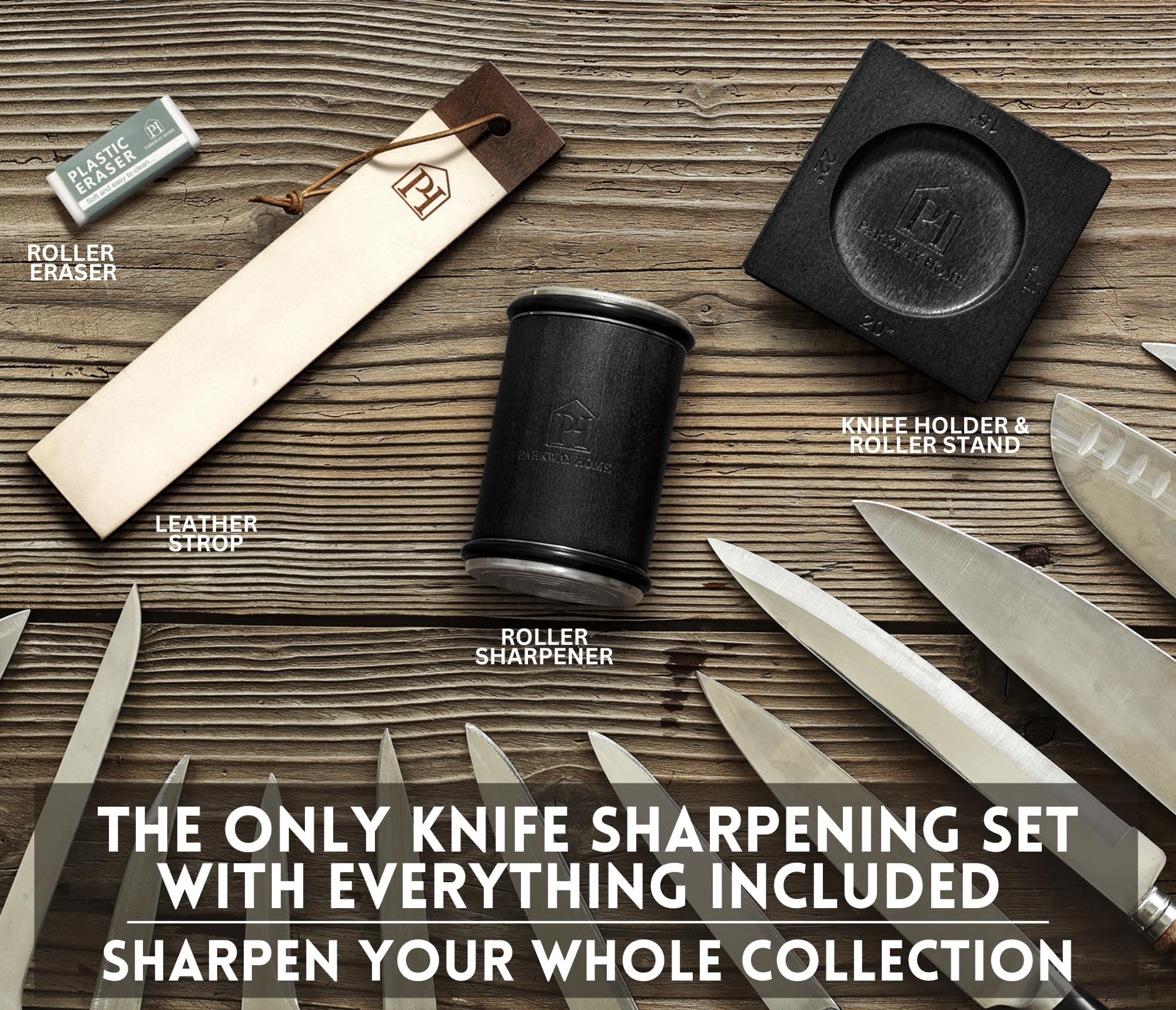 Black Roller Sharpener for Knives with Leather Strop - Knife Sharpener Kit with 15, 17, 20 & 22 Degree Angles - Roller Knife Sharpening System Stand, Holder & Eraser