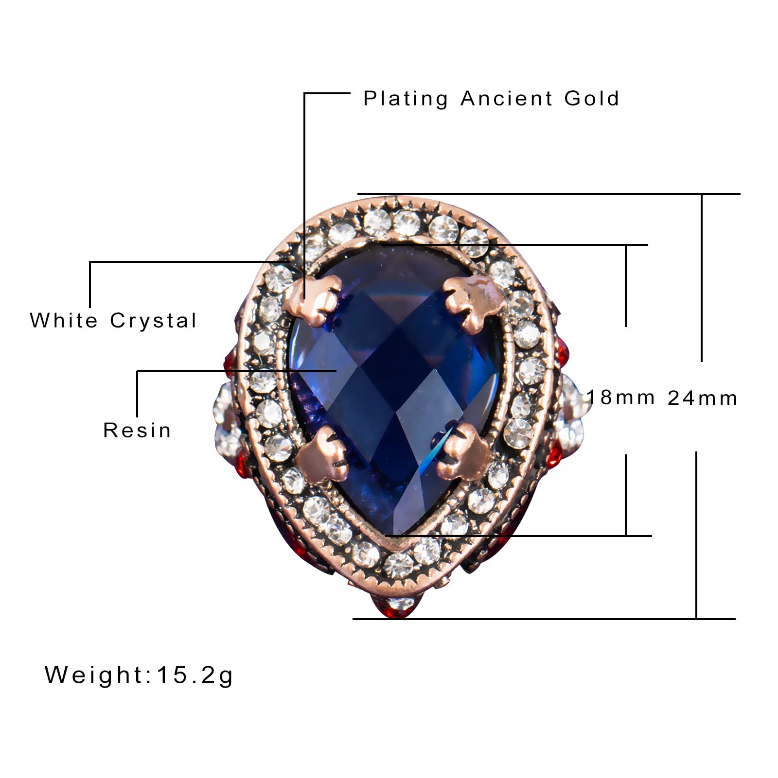 CKHAO Women Ring - 24mm Big Size Antique Gold Plated Turkish Style Blue Gemstone Vintage Ring Women Jewelry J0899BLUE (7)