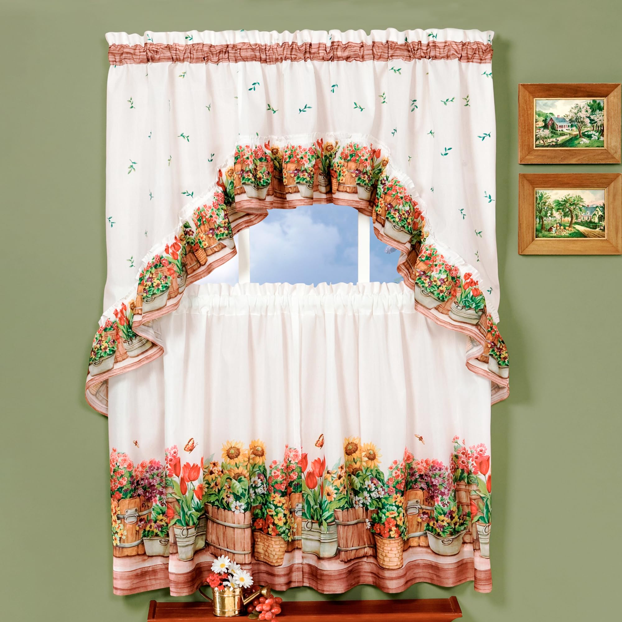 Light Filtering Printed Tier & Swag Window Curtain Set - 36 Inch Length, 57 Inch Width - Country Garden - Machine Washable Polyester Drape for Kitchen, Living, & Dining Room by Achim Home Decor