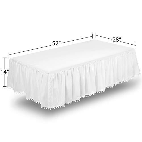 TILLYOU Ruffled Crib Skirt with Pompoms, Microfiber Nursery Crib Toddler Bedding Skirts for Baby Boys Girls, 14'' Drop, White