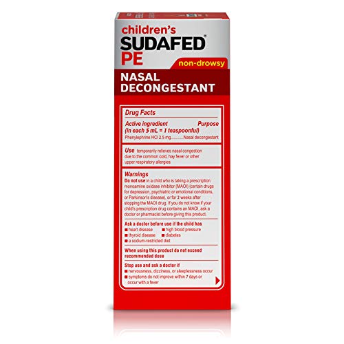 Sudafed Children's PE Nasal Decongestant, Liquid Cold Relief Medicine with Phenylephrine HCl, Alcohol Free and Sugar-Free, Berry-Flavored, 4 fl. oz
