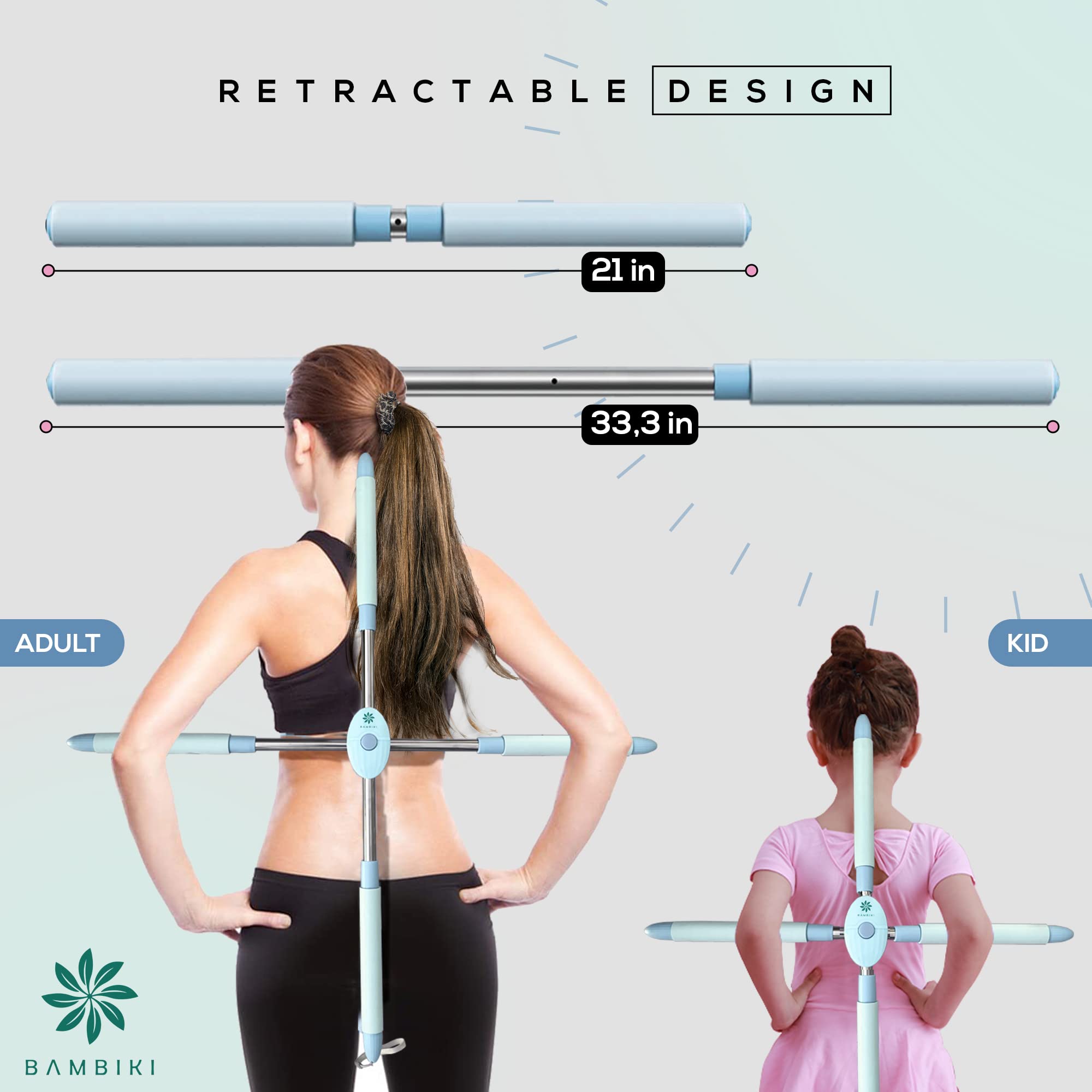BAMBIKI Stretch Set of 3– Posture Corrector, Yoga Stick Stretching Tool – Stretching Ring – Stretch Strap with Carry Bag– Perfect for Yoga, Pilates and Physical Therapy (Blue)