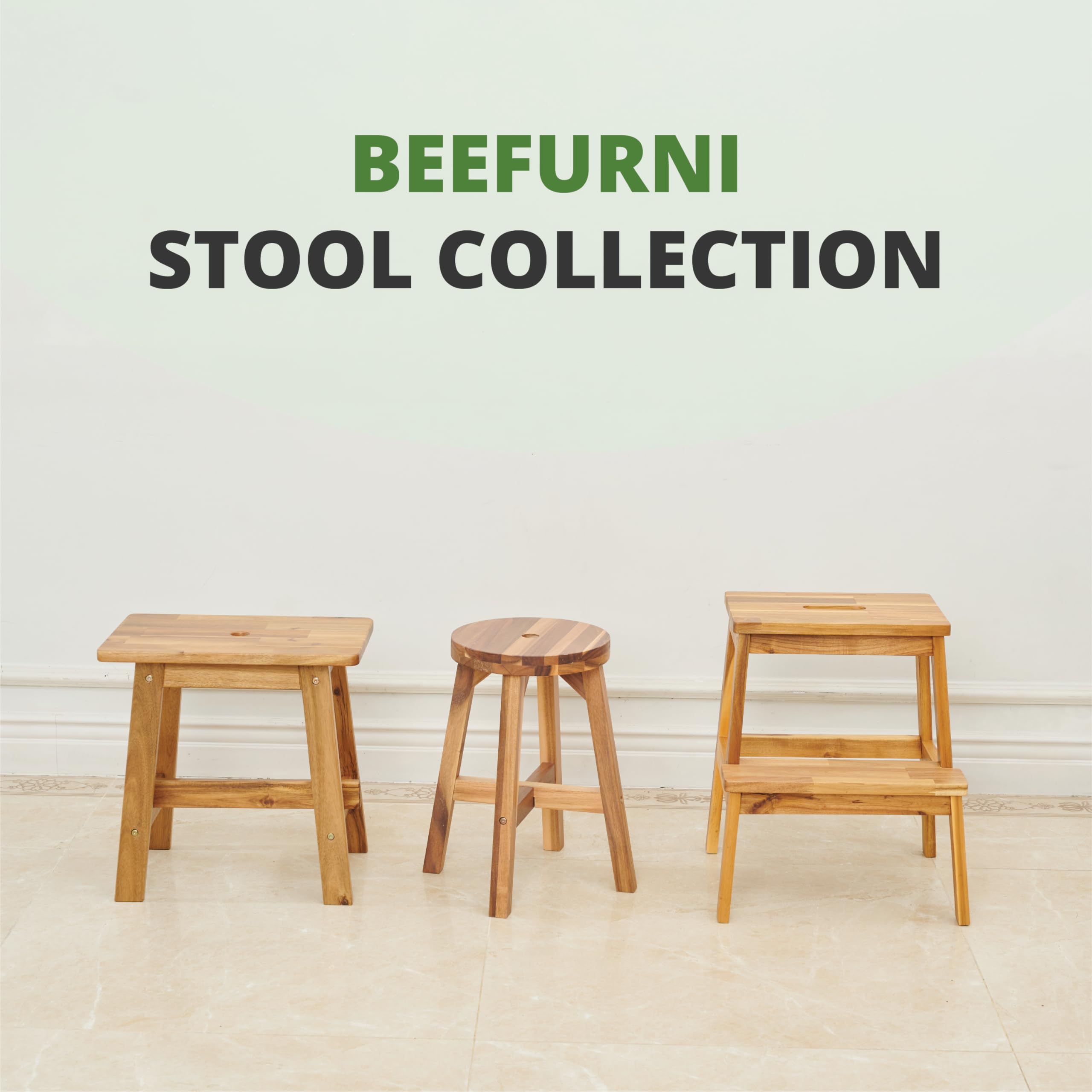 BEEFURNI Round Wooden Stool, Acacia Wood 18 Inch Stool, Wooden Step Stools for Kids, Solid Wood End Table, Plant Stool 350 LBS Load Capacity, Easy to Assemble, 1 Year Warranty