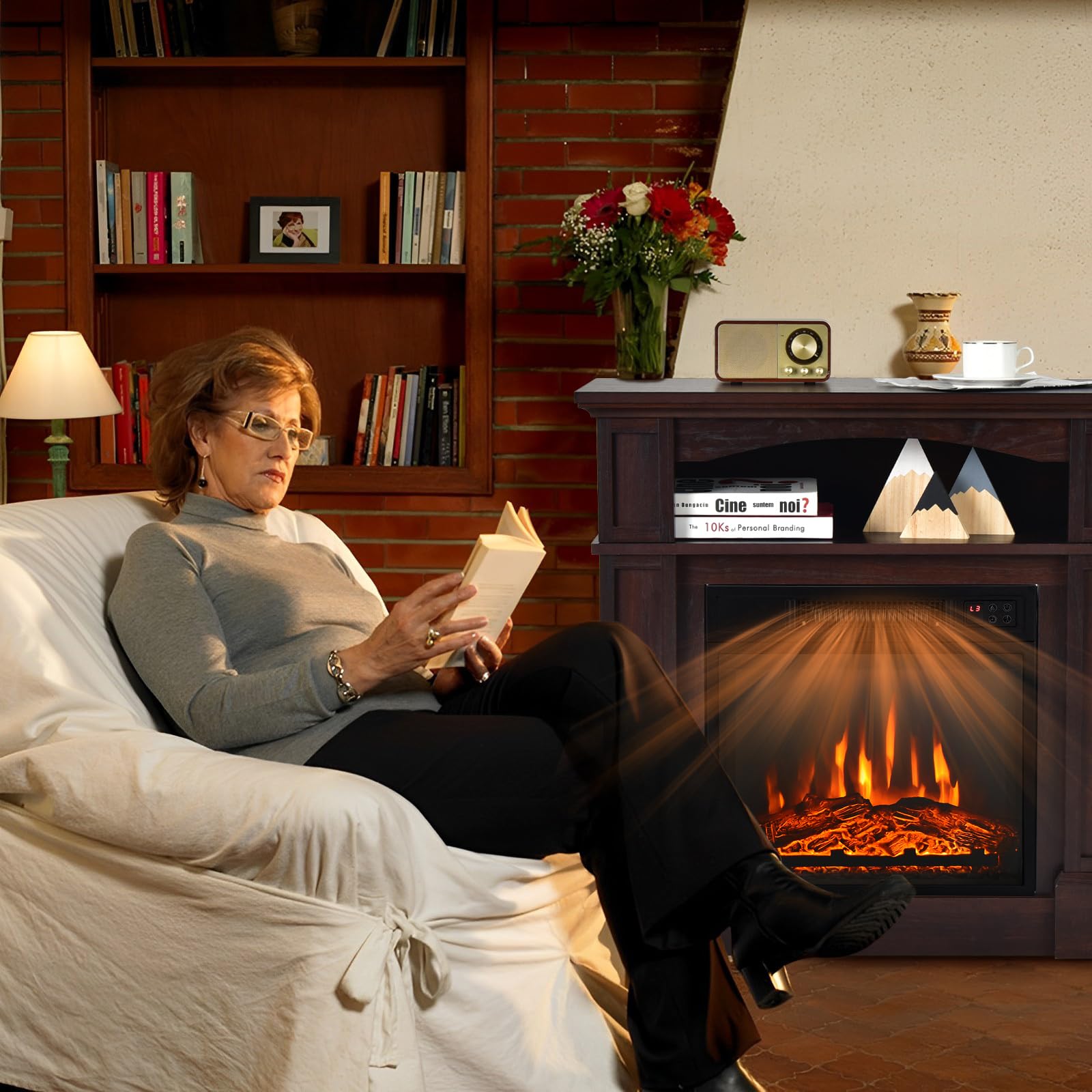 COSTWAY 32-inch Electric Fireplace with Mantel, 1400W Adjustable Freestanding Heater with Remote Control, Thermostat Design, 6H Timer, 3D Flame Brightness, Mantel Fireplace for Living Room, Brown