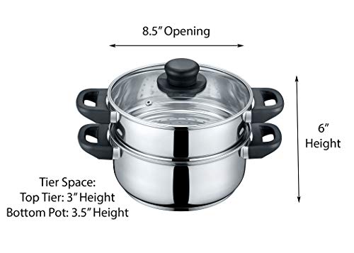 CONCORD 3 Quart Stainless Steel 3 Piece Steamer Cookware Set. Features 2 Quart Veggie Steamer and 3 Quart Cooking Pot with tempered glass lid. (INDUCTION COMPATIBLE)