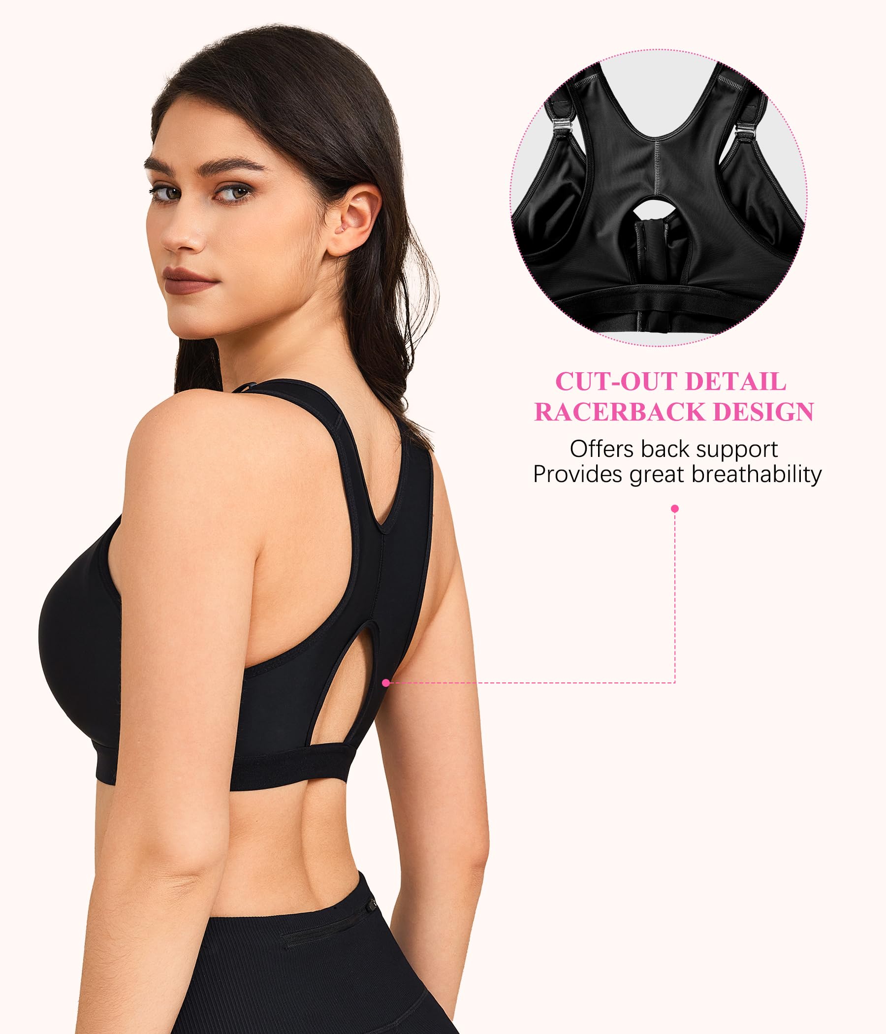 BRABIC Women Post-Surgical Sports Support Bra Front Closure with Adjustable Straps Wirefree Racerback (Black, L (fit for 36B 36C 36D 38A))