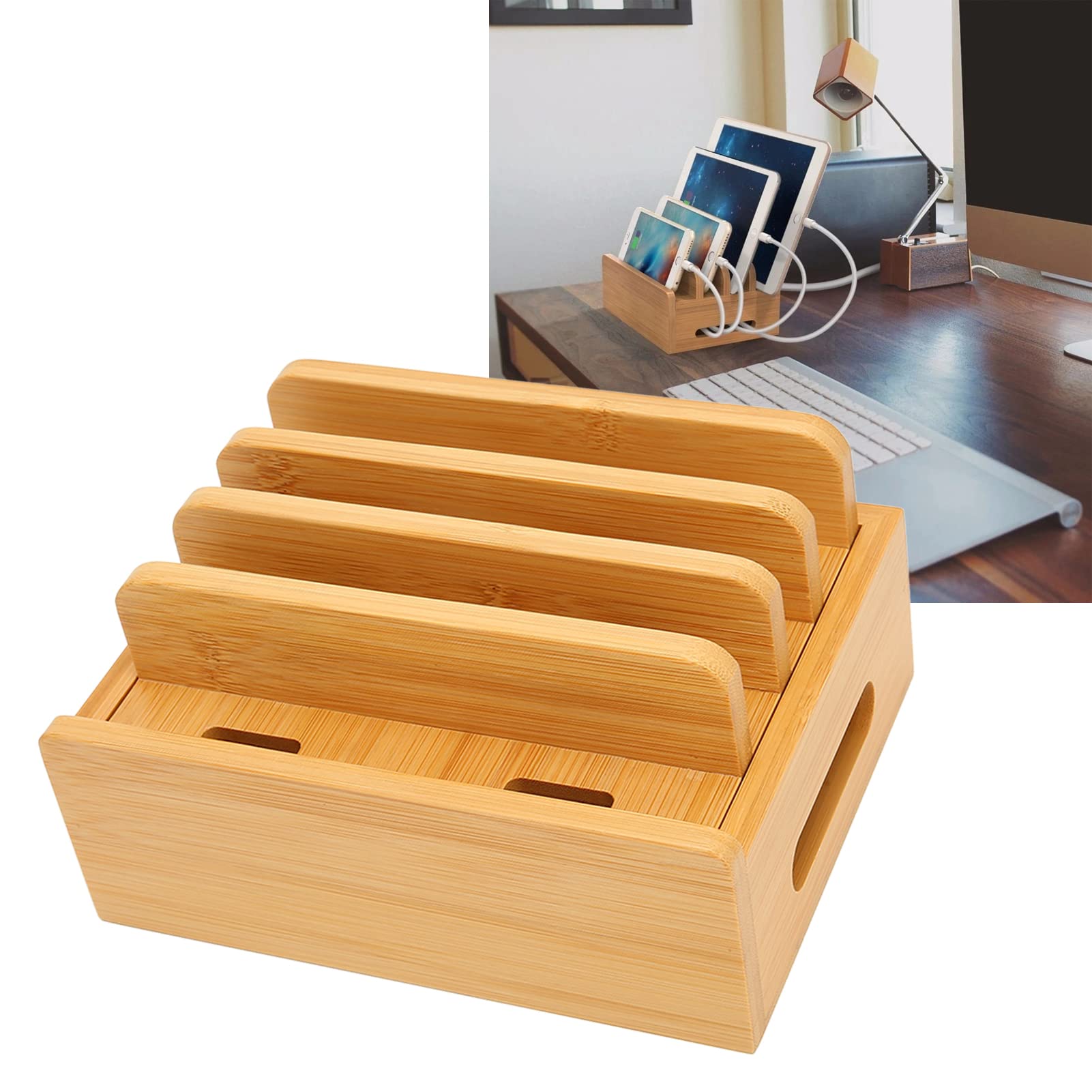 Bamboo Charging Dock Stand, Bamboo Charging Station Multiple Slots for Office