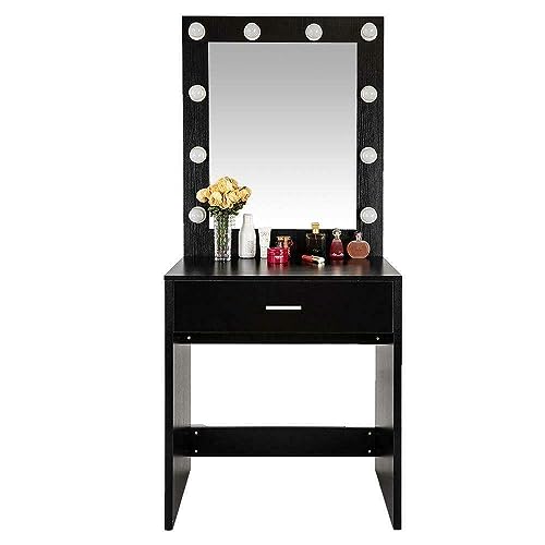 KJNS Vanity Wood Makeup Dressing Table Stool Set W/Drawer &Mirror Desk Black Vanity Desk Makeup Vanity Side Tables Bedroom Vanity Table Portable Desk Vanity Set