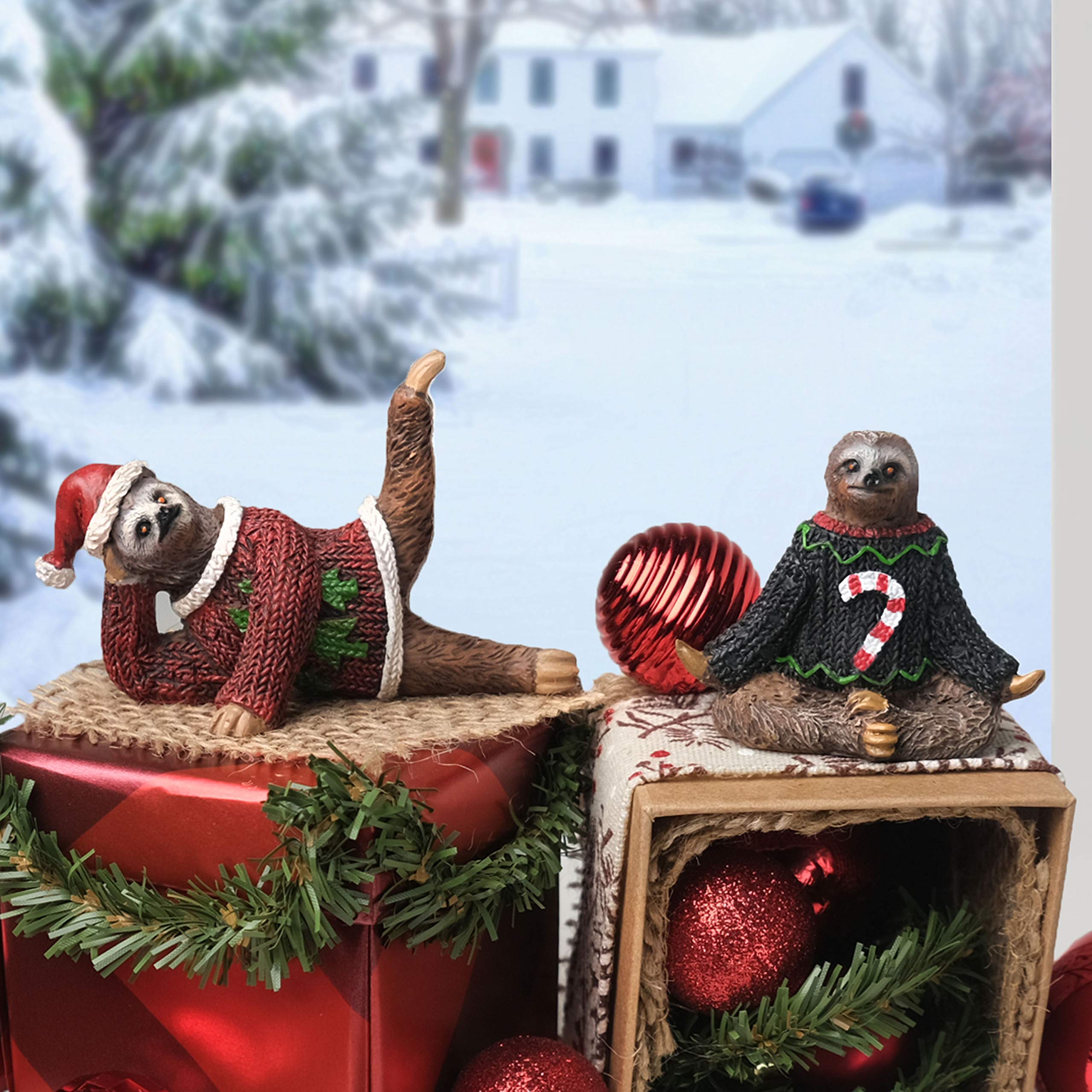 BELLA HAUS DESIGN Yoga Sloth Figurines in Ugly Christmas Sweaters 3" - Polyresin Mini Statue for X-mas Home Decoration, Secret Santa White Elephant Gift Exchange