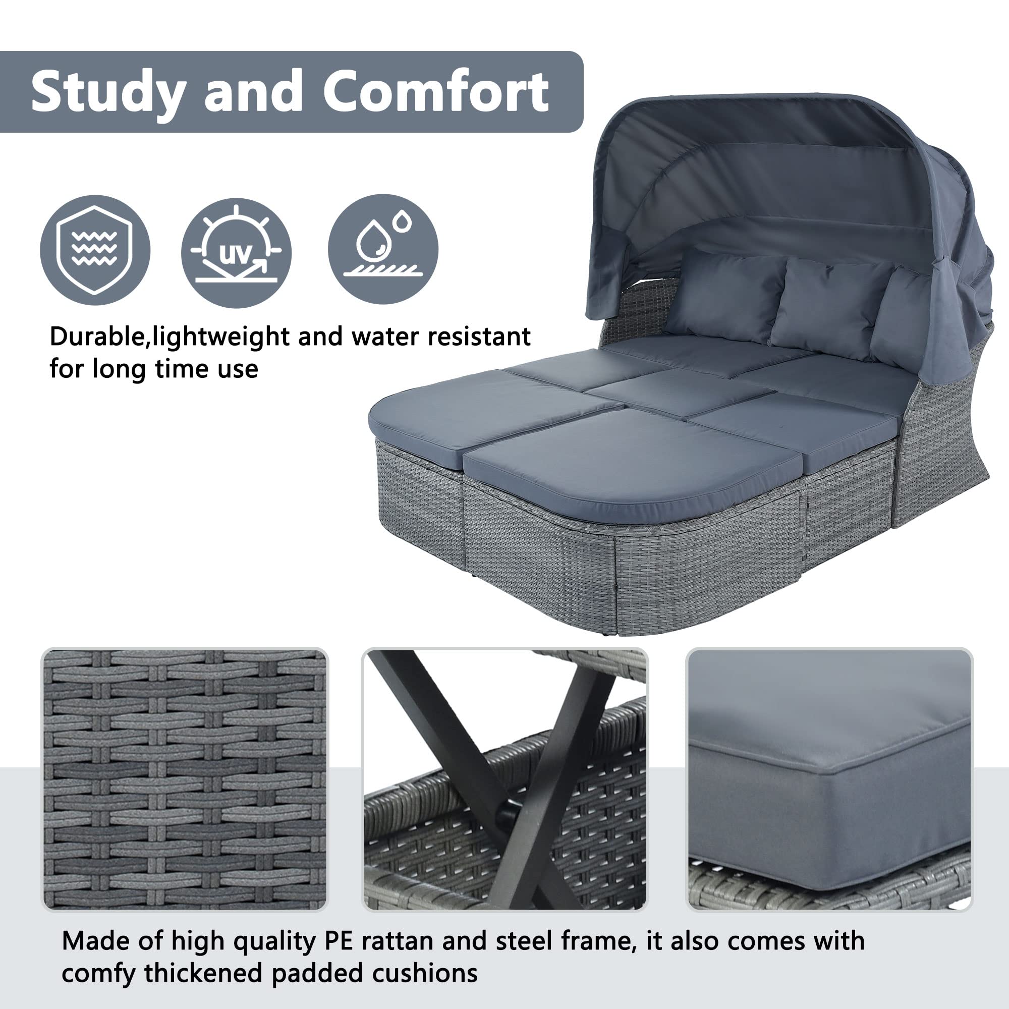 EMKK All-Weather Outdoor Round Patio Daybed Conversation Sofa Set Wicker Rattan Double Daybed Sunbed with Retractable Canopy, Pillows and Removable Cushions