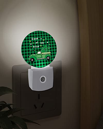 Green Truck Buffalo Plaid Night Lights Plug into Wall, St. Patrick's Day Auto Round LED Lights with Dusk to Dawn Sensor for Bedroom, Bathroom, Hallway, Kitchen, Kids, Home Decor