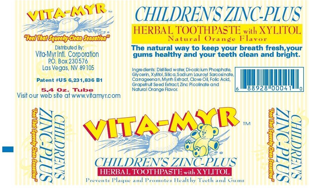 Vita-Myr Children's Zinc-Plus Herbal Toothpaste with Xylitol, 5.4 oz Tube