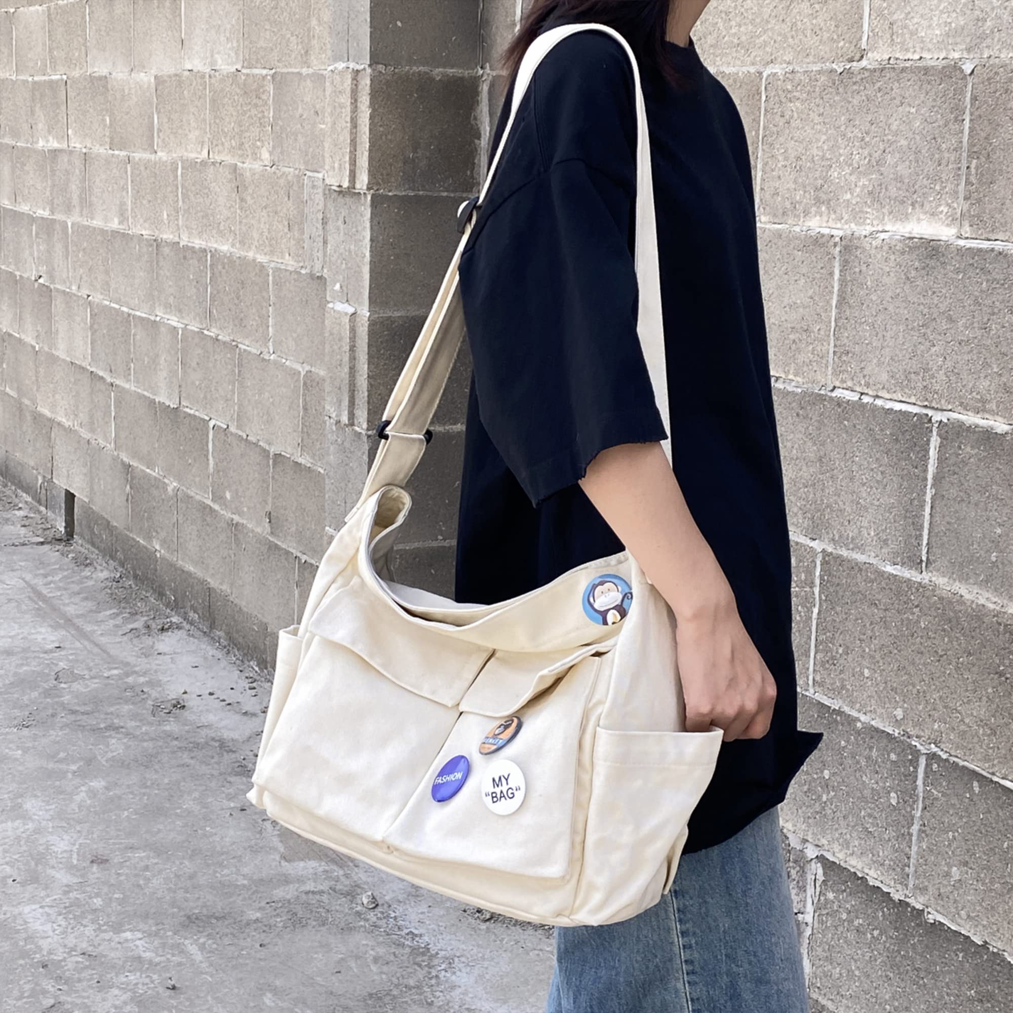 Canvas Messenger Bag Large Hobo Crossbody Bag with Multiple Pockets Shoulder Tote Bag for Women and Men (Beige)