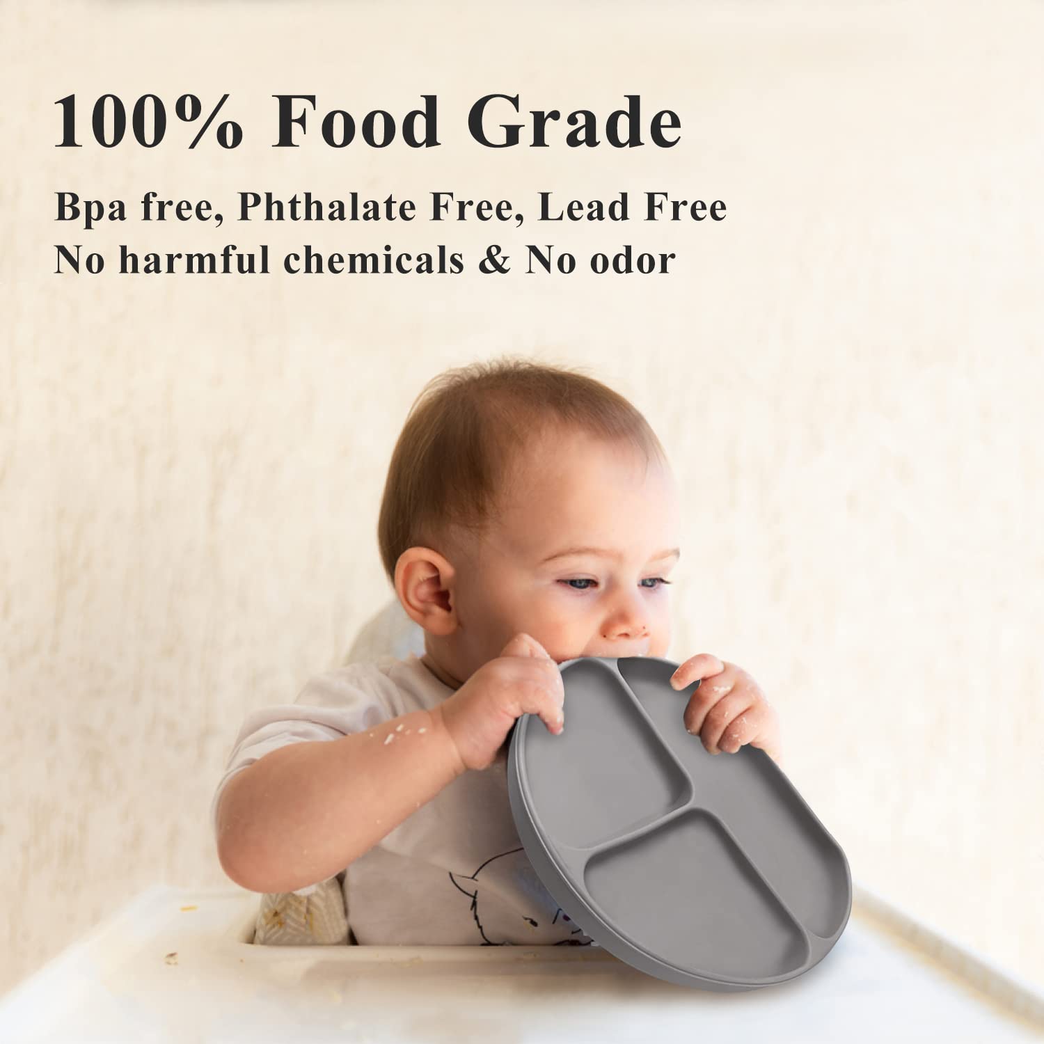 COTTONBEBE Baby Silicone Feeding Set, Toddler Plates and Bowls Sets, Self Feeding Spoon Fork Bib Cup, Divided Baby Led Weaning Supplies, First Stage Solid Food Infant Utensils, Grey