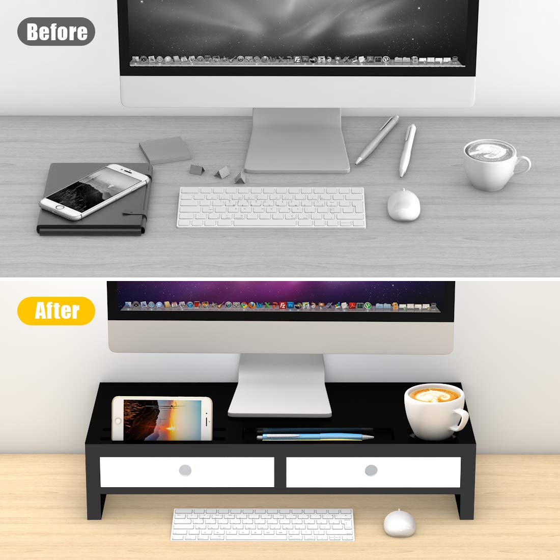 Bambloom Monitor Stand Riser with Drawer - Desk Shelf Organizer Keyboard Storage Black 22" x 10.6" x 4.7"