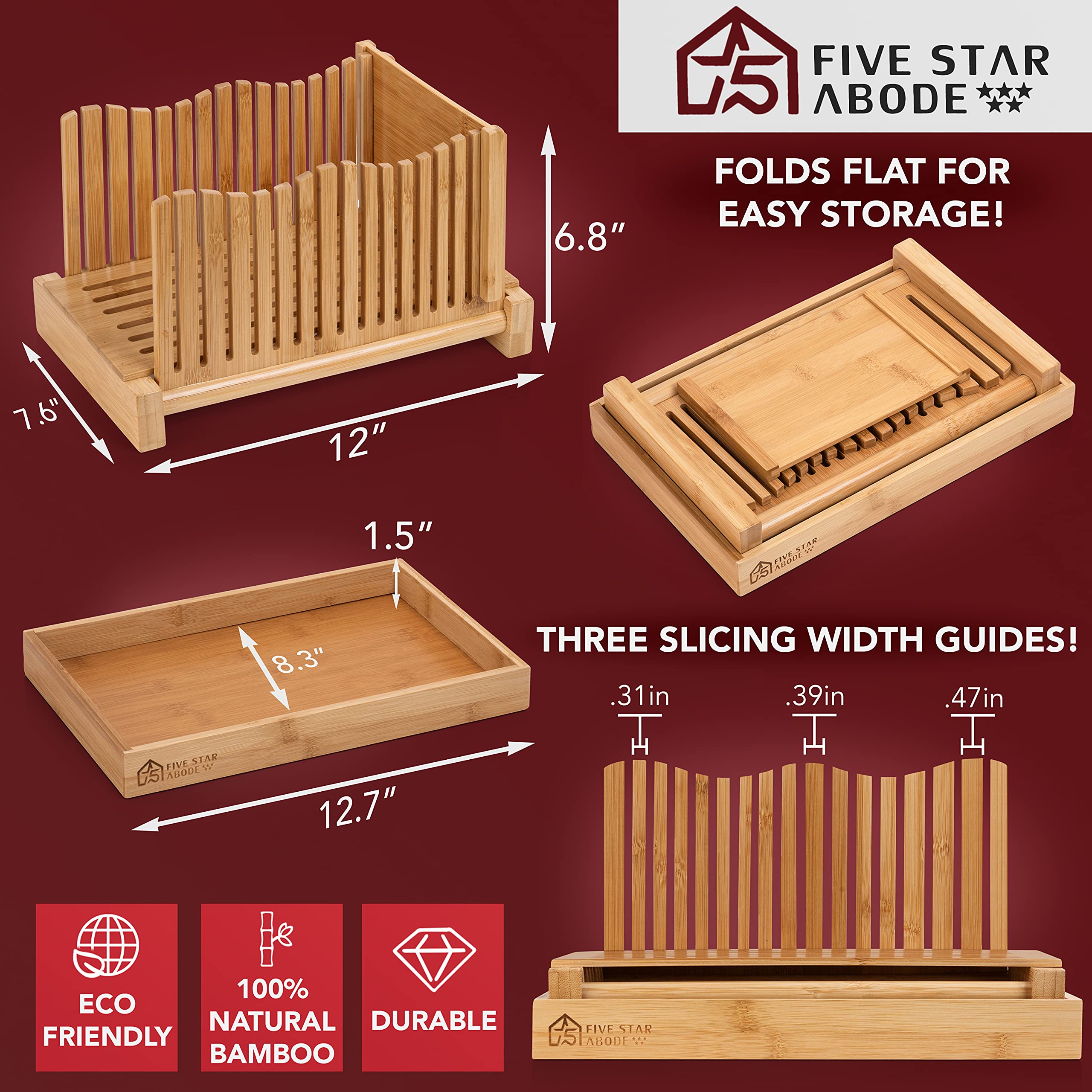 Bamboo Bread Slicer Guide With Crumb Catcher And Serving Tray - 3 Slice Sizes - Adjustable - Perfect For Homemade Bread, Loaf Cakes, Bagels - Foldable For Compact Storage - Slicing - Cutting