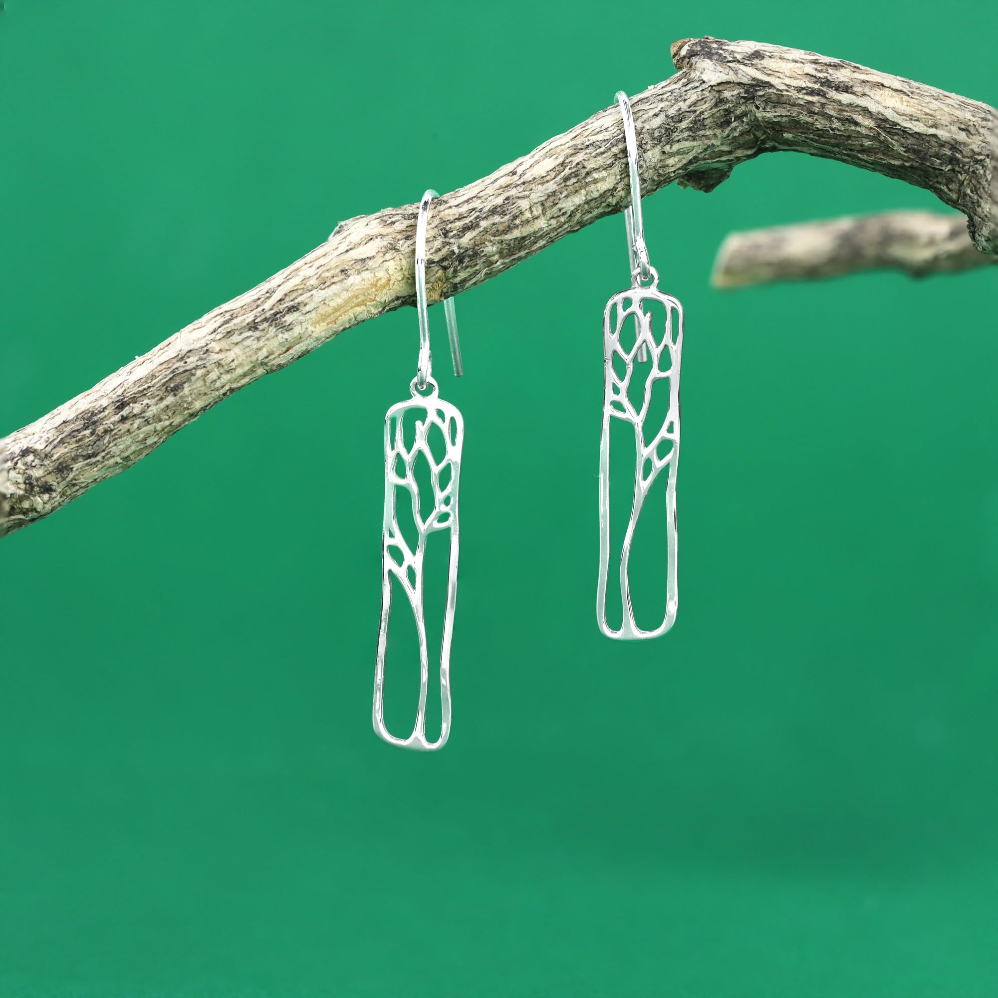 Boma Jewelry Sterling Silver Rectangle Tree Silhouette Dangle Earrings