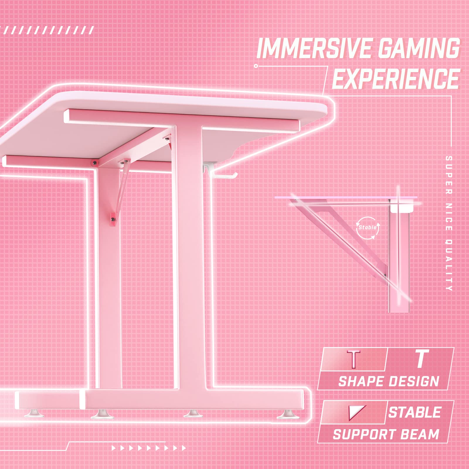 Vitesse Pink Gaming Desk 40 Inch Cute Kawaii Computer Table T Shaped Girl Gamer Workstation Home Office with Carbon Fiber Surface and Headphone Hook (Pink) 40*28*21.5