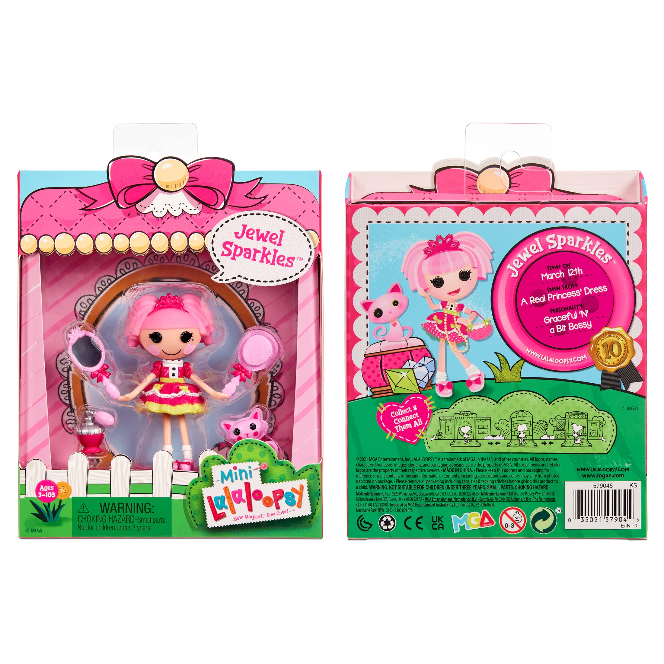 Lalaloopsy Mini Doll - Jewel Sparkles with Mini Pet Persian Cat, 3" Mini Princess Doll with Accessories, in Reusable House Package playset, for Ages 3-103, Multicolor, 579045