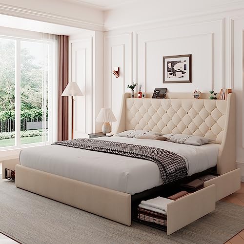 Feonase Queen Bed Frame with 4 Storage Drawers, Type-C & USB Port and Charging Station, Upholstered Wingback Headboard and Storage Shelf, No Box Spring Needed, Easy Assembly, Beige