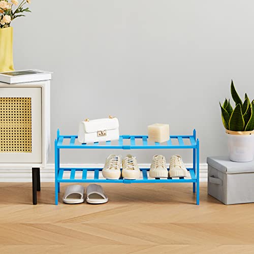 quiqear Bamboo Shoe Rack, 2 Tier Shoe Rack Organizer, Stackable & Durable Shoe Shelf Holder, Free Standing Shoe Racks, Shoe Storage Organizer for Entryway, Closet, Hallway (Blue)
