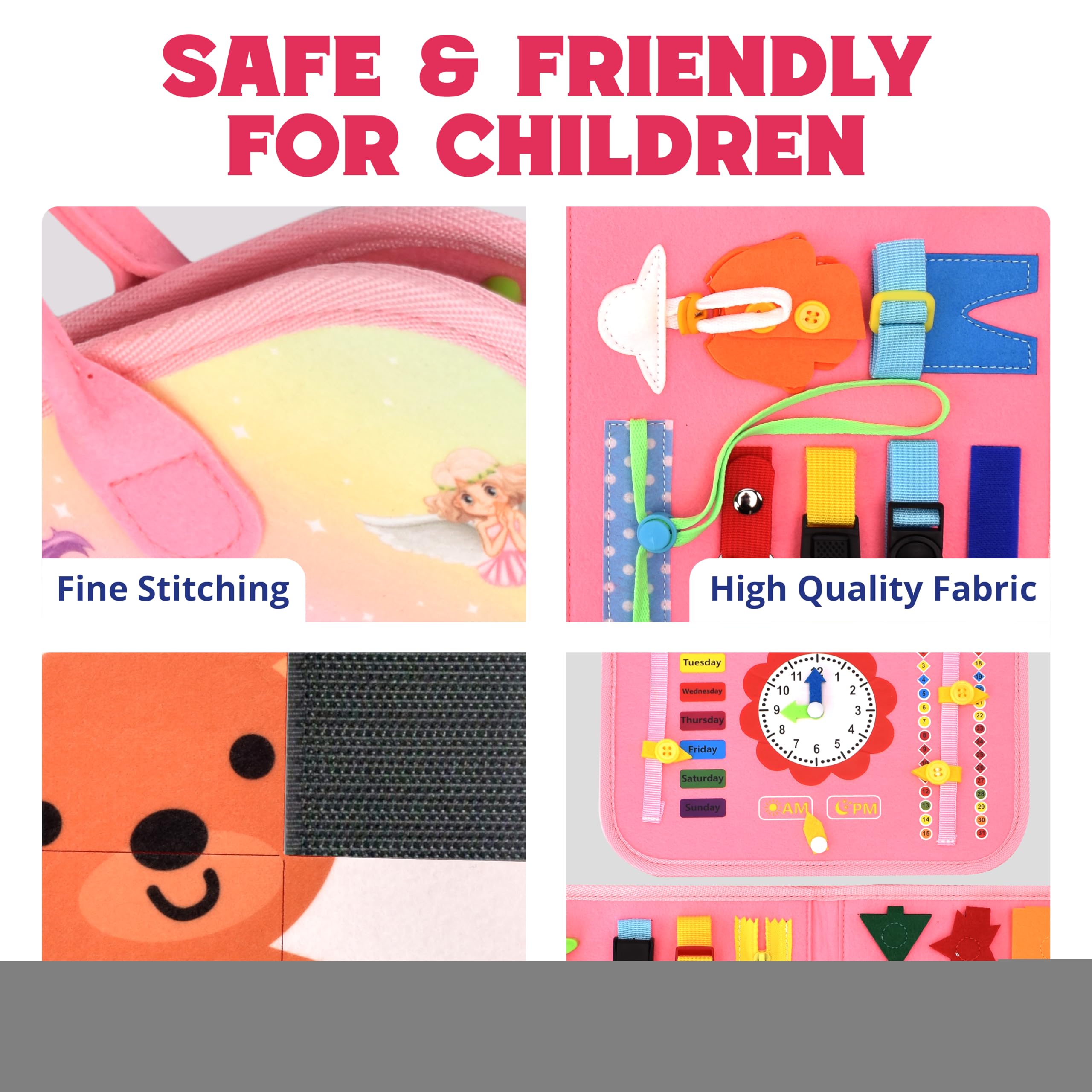Bouncing Bobo Toddler Busy Board for 1 Year Old + Busy Book for Toddlers 1-3 with 25+ Educational Activities, Airplane Travel Essentials for Kids (Pink)