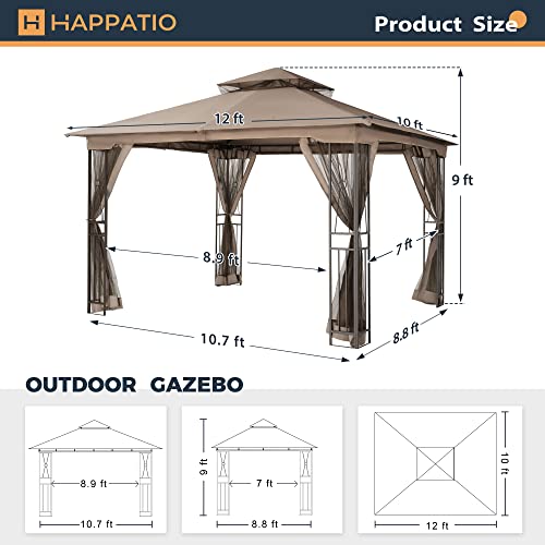 HAPPATIO 10' X 12' Patio Gazebo with Ventilation Double Roof,Outdoor Gazebo with Mosquito Netting for Lawn, Garden (Light Brown)