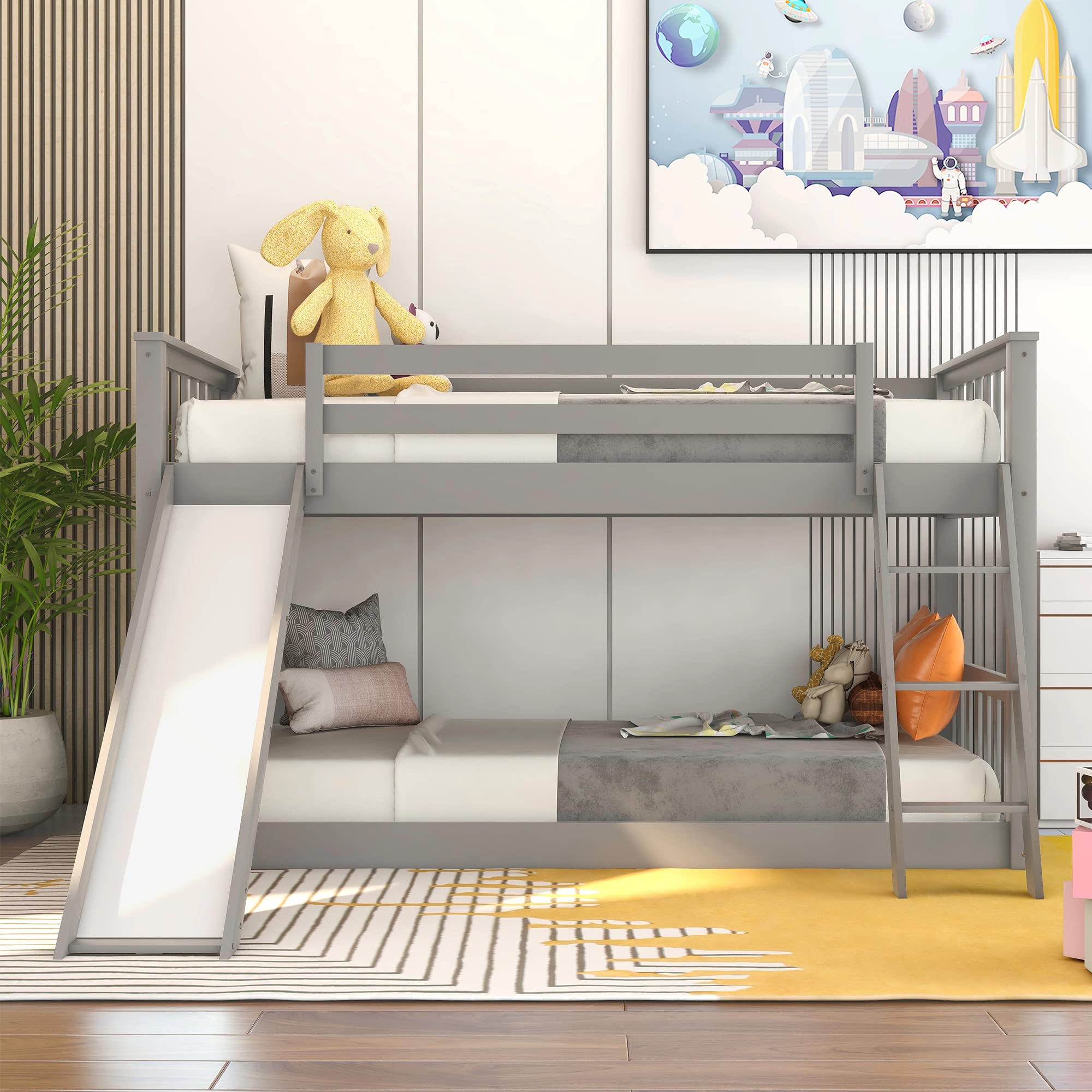 Harper & Bright Designs Bunk Bed Twin Over Twin,Wooden Twin Bunk Bed with Slide & Angled Ladder, Low Profile Toddler Bunk Beds for Kids, Floor Bunk Beds for Girls Boys,Grey