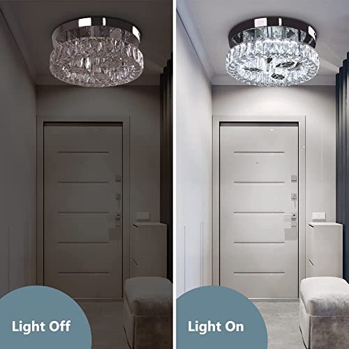 Finktonglan 11.6” Crystal LED Ceiling Light Flush Mount, Modern 30W Round Ceiling Lamp K9 Crystal Light Fixtures, Stainless Steel Leaf Crystal Chandelier for Dining Room Living Room (Cool White)