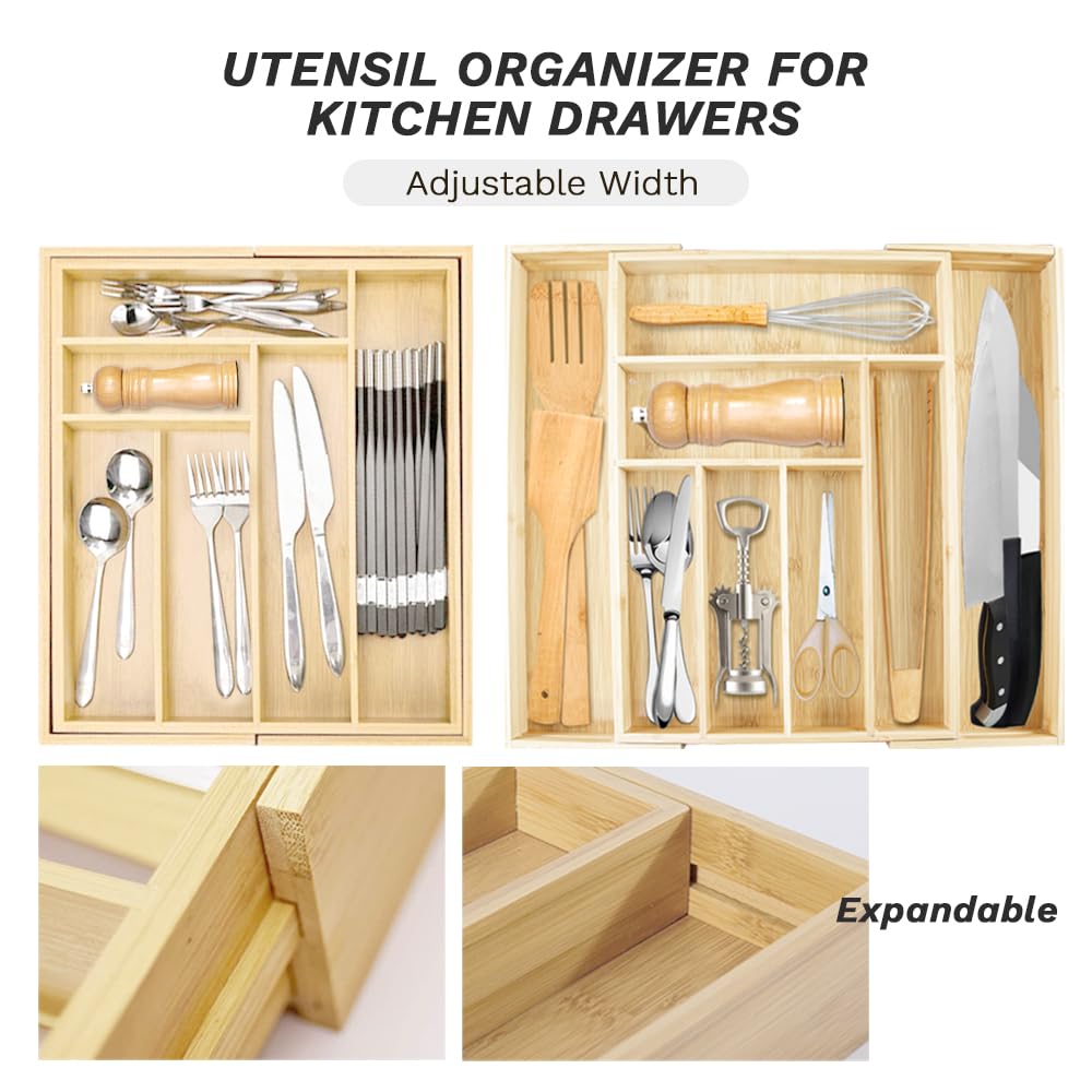 Bamboo Drawer Organizer for Utensils Holder,Silverware Organizer Kitchen Drawer Expandable Bamboo Cutlery Tray, Adjustable Wood Cutlery Tray in Drawer for Flatware and Silverware in Kitchen (yellow)