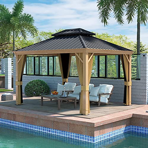 HAPPATIO 10' x 12' Hardtop Gazebo, Outdoor Wood Grain Frame Aluminum Gazebo, Double Roof Permanent Patio Gazebo Canopy with Netting and Curtains for Garden, Patio, Lawns, Parties (Beige)